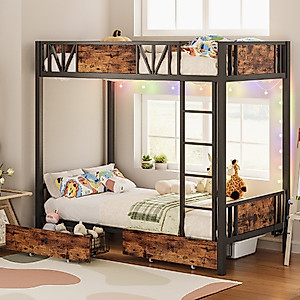 ANCTOR Bunk Bed with Power Outlet and Drawers, Metal Twin Bed Frames with Ladder and LED Lighted, Space-Saving, Noise Free