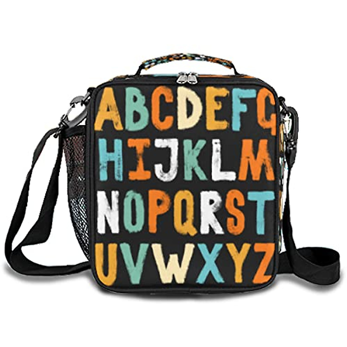 Alphabet Theme Lunch Box for Boys Girls, English Letter Insulated Lunch Bag Reusable Meal Prep Thermal Cooler Tote Bag Waterproof Leakproof Lunch Bag with Shoulder Strap for School Picnic Beach Hiking