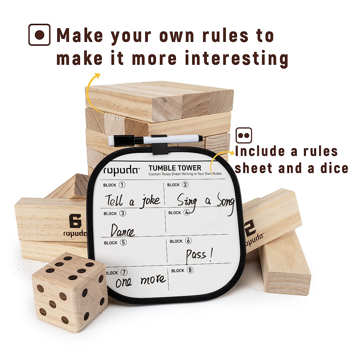 ropoda Giant Tumble Tower, 54pcs Giant Outdoor Games with Dice & Rules Sheet, Giant Lawn Games 1.8 Feet Tall, Grows to Over 4 Feet, Giant Tumble Timber for Adults and Family, Outdoor and Indoor Fun