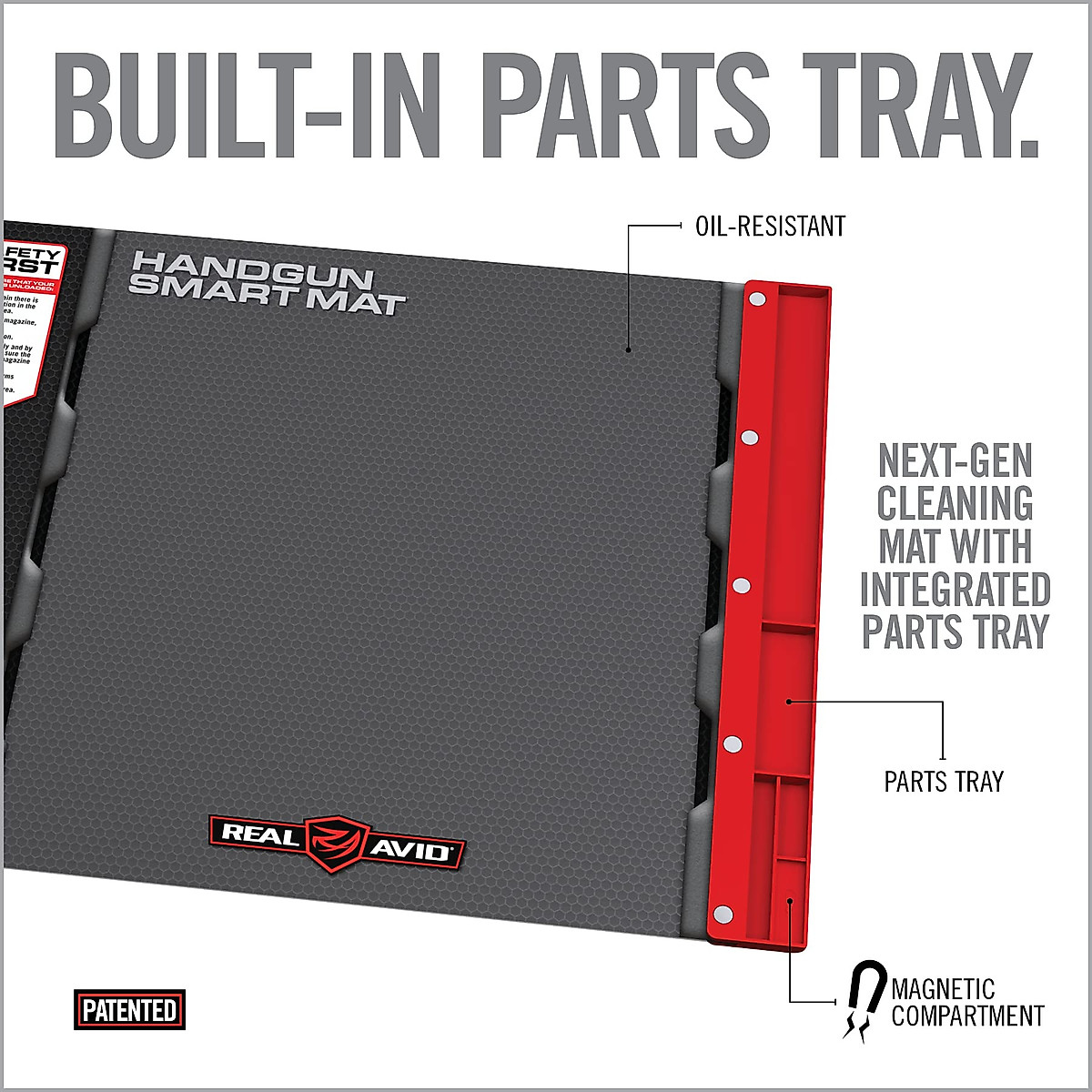 Real Avid Gun Cleaning Mat for Handguns with Magnetic Organizer Parts Tray; Protective Workbench Mat for Pistol Cleaning, Handgun Cleaning Pad with Red Tray for Gun Accessories and Gun Parts
