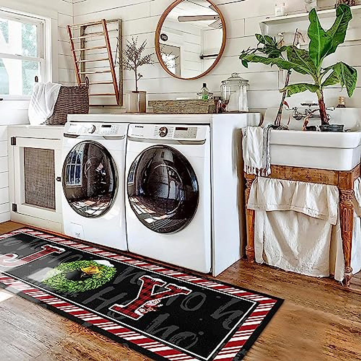 Miaklek Christmas Kitchen Mats Anti Fatigue 1 Piece, Kitchen Mats for Floor, Comfort Mat for Kitchen Floor, Non Skid Mats for Kitchen,Office,Sink,Oven,Laundry, Red and Black Plaid Christmas Joy