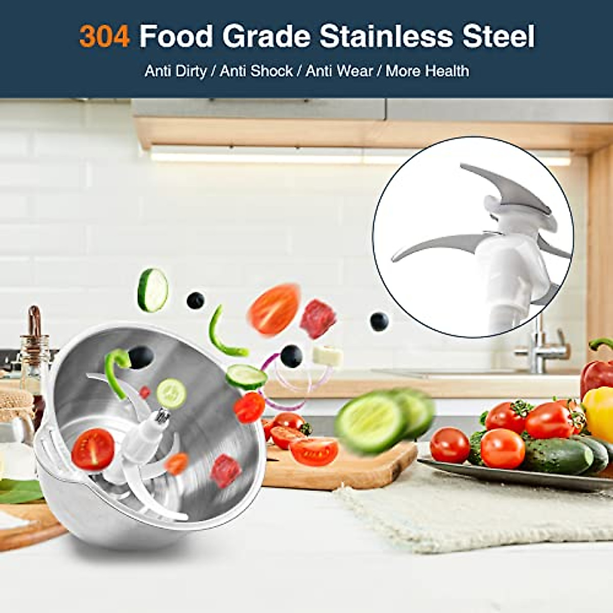 joyami Meat Grinder Electric Food Processor 2L Food Chopper with 4 Sharp Blades, Stainless Steel Bowl and Glass Bowl, 400W