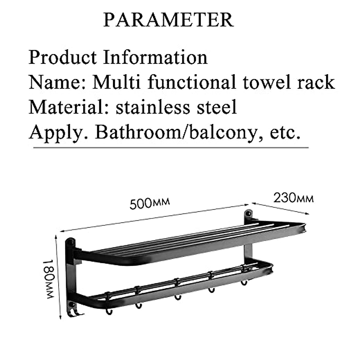 WKZZTCGD Black Bathroom Towel Rack,Stainless Steel Towel Holder with Hooks,Wall Mounted Foldable Double-Deck Shelf Bars