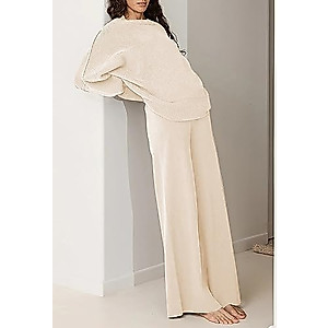 Linsery Womens Sweater and Pant Sets Batwing Sleeve Knitted Tops and Wide Leg Pants Comfy Set 2 Piece Knit Loungewear Tracksuit Apricot M