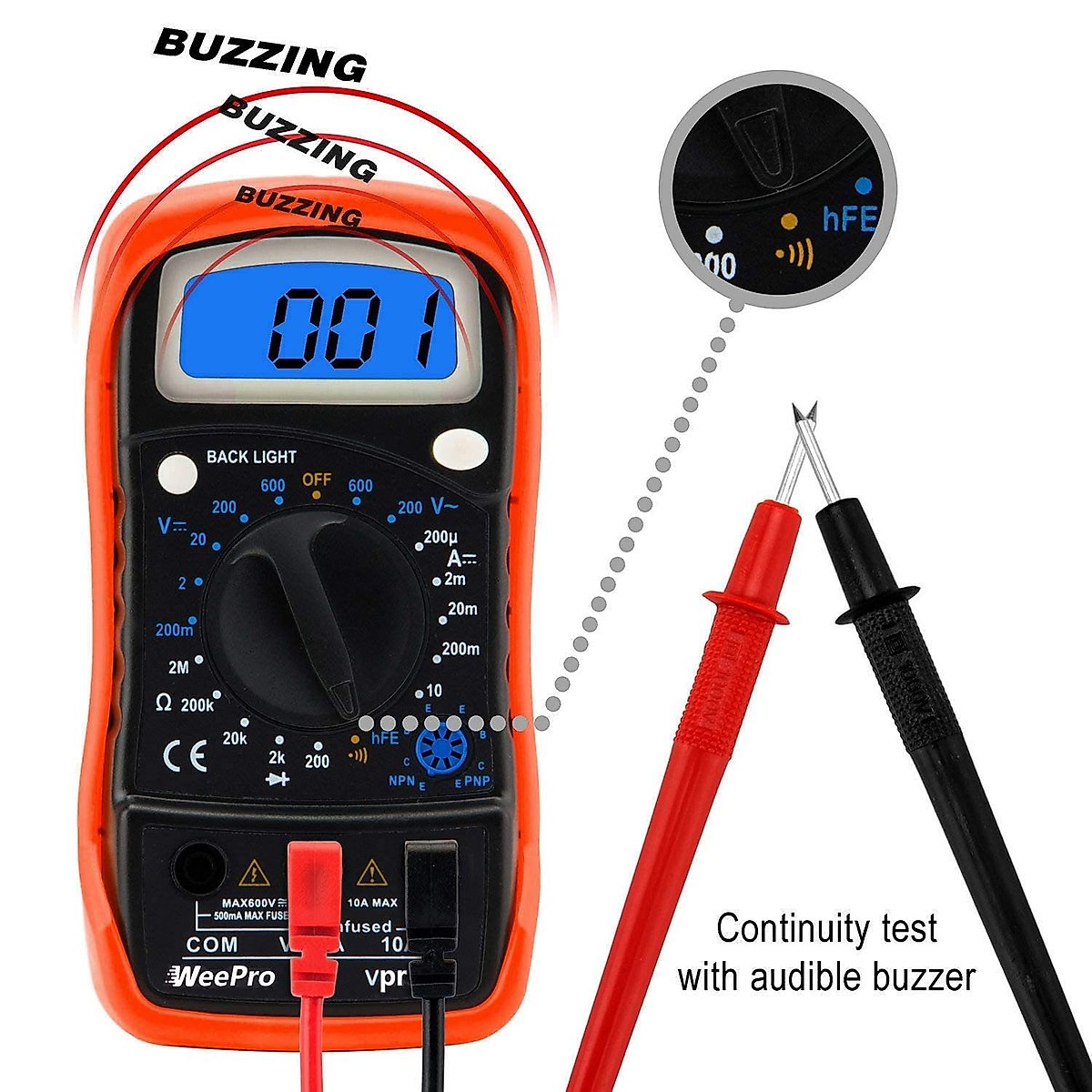 WeePro Vpro850L Digital Multimeter DC AC Voltmeter, Ohm Volt Amp Test Meter, Electric Tester Ohmmeter with Diode and Continuity Detector, Backlit Display and Insulated Rubber Case Kickstand