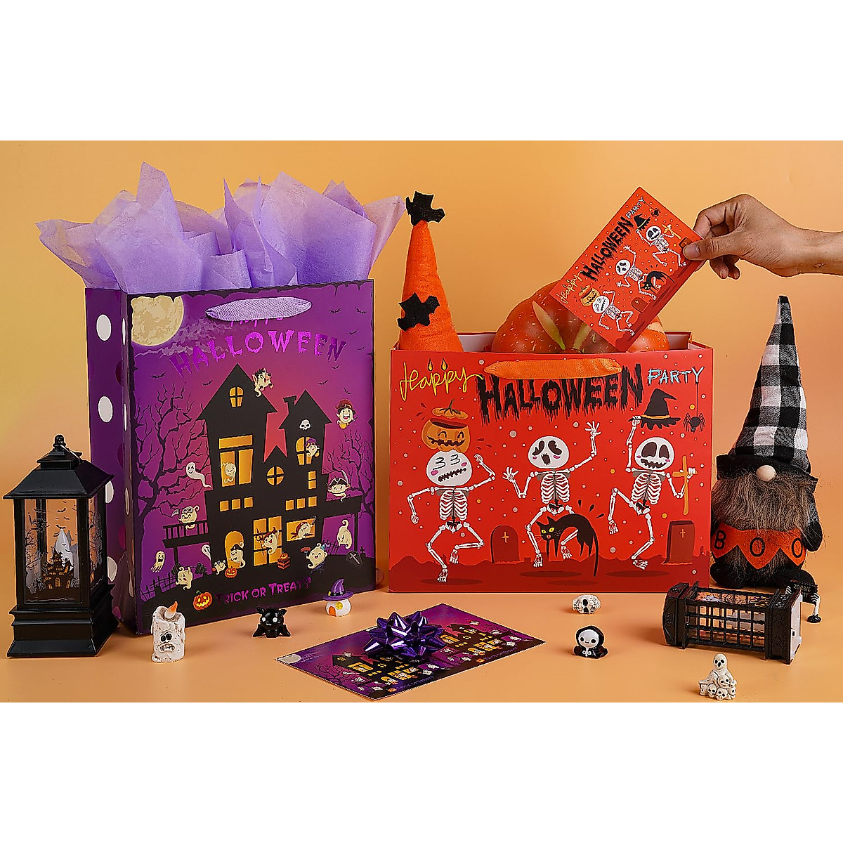 Jaywayang 2Pcs 12.6" Large Happy Halloween Paper Gift Bags with Card and Tissue Paper for Kids Halloween Presents Warpping, Holiday, Trick or Treat Party.