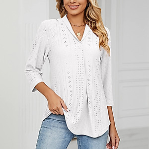Loose Fitting Tops for Women 3/4 Sleeve Lace Crochet Lapel v Neck Shirts Casual Summer Business Work Office Blouse