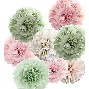 Tissue Paper Pom Poms Kit -Rose Pink and Sage Green Paper Flowers 12pieces for Gender Baby Shower Wedding Bridal Bachelorette Birthday Party Decorations (Green + Pink)