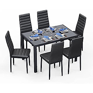 Bealife Kitchen Dining Table Set for 6, Tempered Glass 7 Piece Table and Chairs Set Modern for Home, Kitchen, Living Room, Dining Room,Black