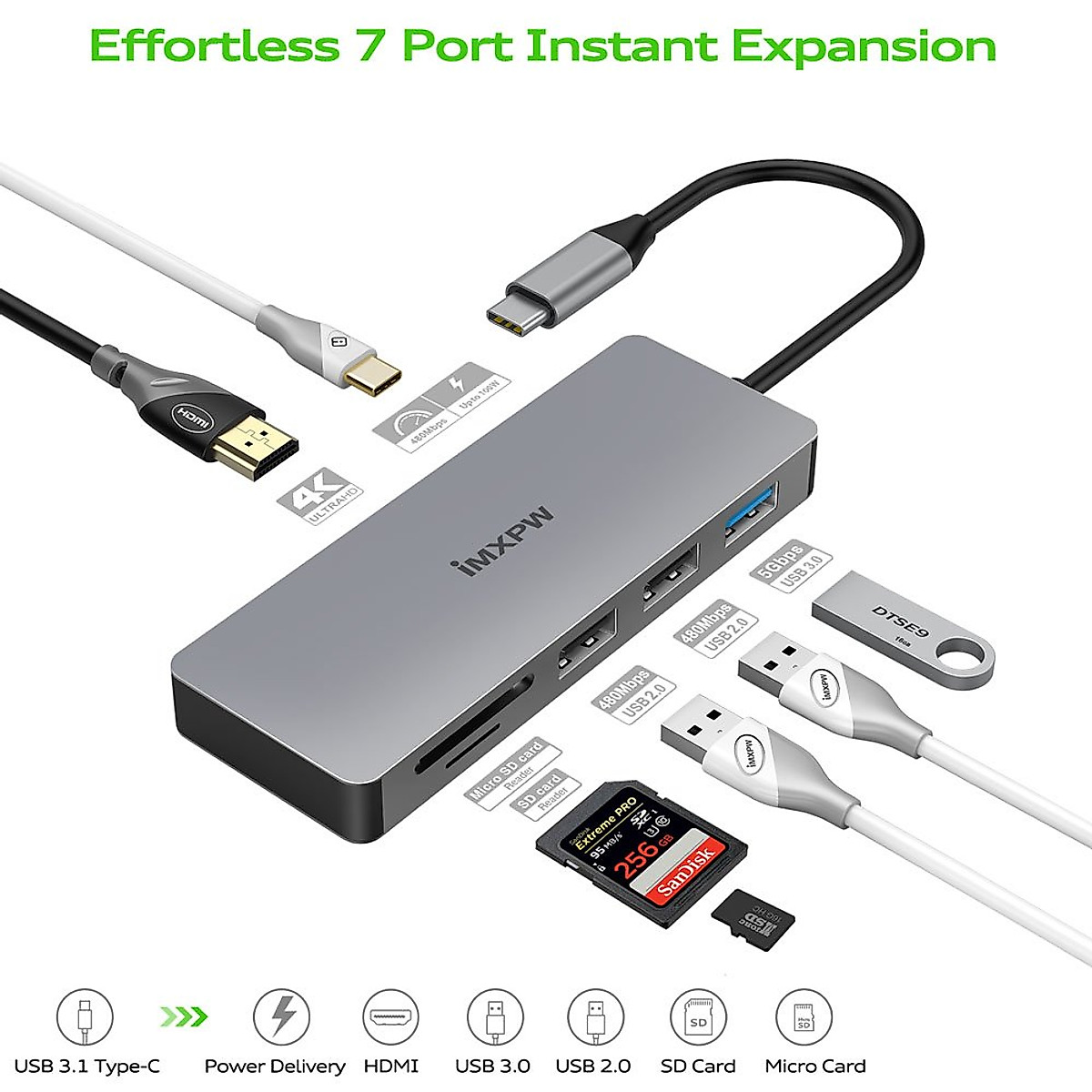 USB C to HDMI Adapter, 7 in 1 USB-C Hub Multiport Adapter with 4K HDMI, 100W PD, USB 3.0/2.0 Port, SD/Micro SD Card Reader, Portable Docking Station for MacBook Pro/Air/iPad/Dell XPS/Nintendo Switch