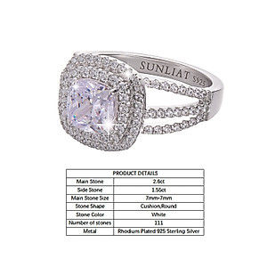 SUNLIAT Engagement Ring for Women, 925 Sterling Silver Cushion Cut Cubic Zirconia Halo Wedding Promise Ring for Her Simulated Diamond Anniversary Ring