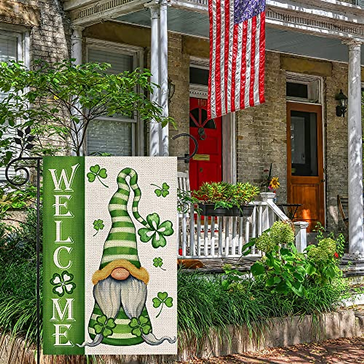 CROWNED BEAUTY St Patricks Day Garden Flag Gnome Shamrock Welcome 12×18 Inch Double Sided Green Clover Small Outside Vertical Holiday Yard Decor