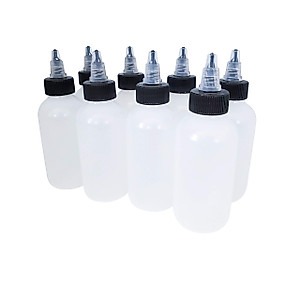 kelkaa 4oz Boston Round LDPE Plastic Squeeze Bottles with Black and Natural Twist Dispensing Caps, Multi-Purpose Empty Refillable Bottles, Easy to Squeeze Containers (Pack of 8)