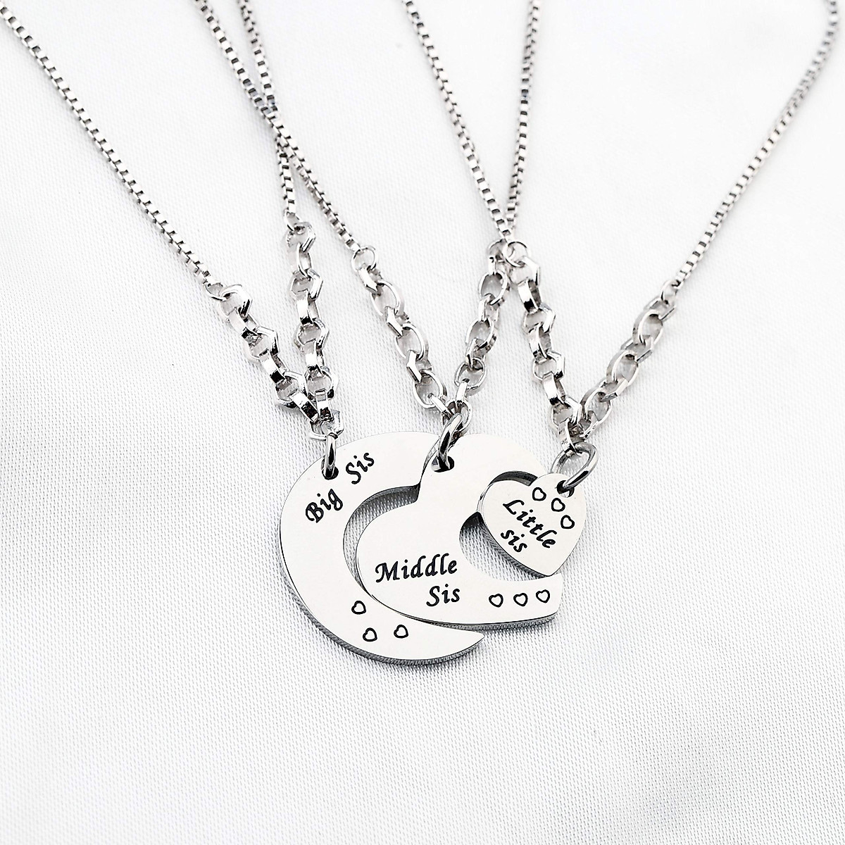 FUSTMW 3 Sister Bracelets Big Sis Middle Sis Little Sis 3 Pieces Matching Heart Bracelets of 3 Sister Jewelry Gift for Best Friends 9 Inch Adjustable Chain (silver)