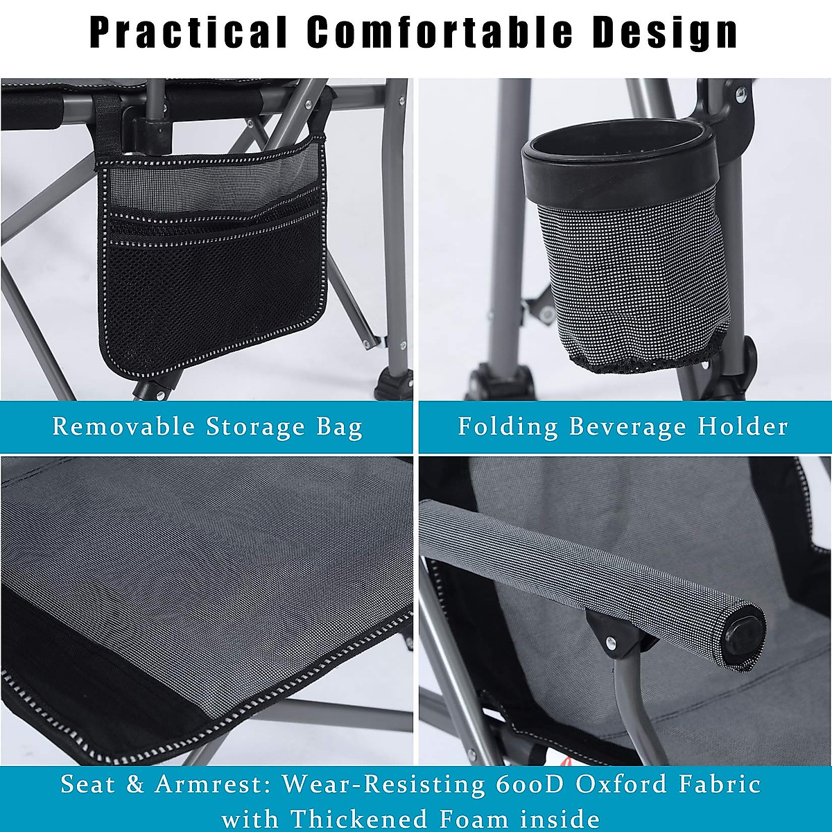 MaiuFun Portable Camping Chair Folding Heavy Duty Quad Outdoor Large Chairs Support 330 lbs High Back Padded Thicken Oxford with Armrests, Storage Bag, Cup Holder, Carry Bag for Outside(Grey)