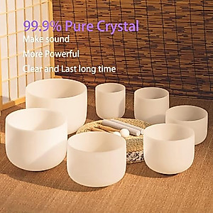 Hye-eun Crystal Singing Bowl Set of 7,7"-12" Frosted Quartz Meditation Chakra Sound Bowls with 2 Pcs Carrying Cases for Yoga Sound Healing