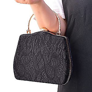 Anopo Evening Clutch Purse Bridal Lady Floral Lace PU Hard Shell Crossbody Bag Top Handle Lock Buckle Handbag Wedding Prom Black