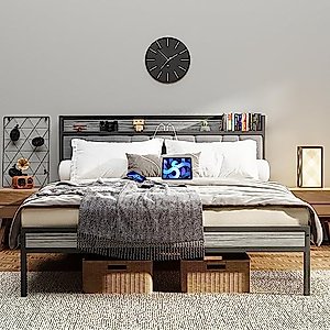 Zevemomo Queen Bed Frame, Queen Size Metal Platform Bed Frame with 2-Tier Storage Upholstered Headboard and Power Outlets, USB Ports Charging Station/No Box Spring Needed/Noise-Free/Easy Assembly