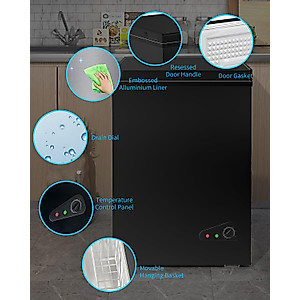 TABU Chest Freezer, 4.2 Cu Ft Deep Freezer with Removable Storage Basket, Black Top Open Door Freezer with 7 Level Adjustable Temperature, Compact Freezer with Top Open Door (Black)