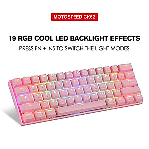 MOTOSPEED Bluetooth/Wired 60% Pink Mechanical Keyboard Compact 61 Keys RGB LED Backlit Type-C Gaming/Office Keyboard for PC/Mac/Laptop Gamer (Red Switch)