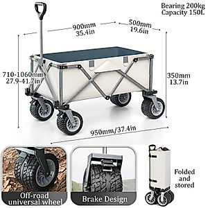 YJSG Collapsible Wagon Garden Cart,Folding Garden Carts,Beach Wagon Grocery Wagon All-Terrain Wagon Beach Wagon Cart Adjustable Handle Off-Road Wheels with Brakes Wheel Camping Cart,(a) White