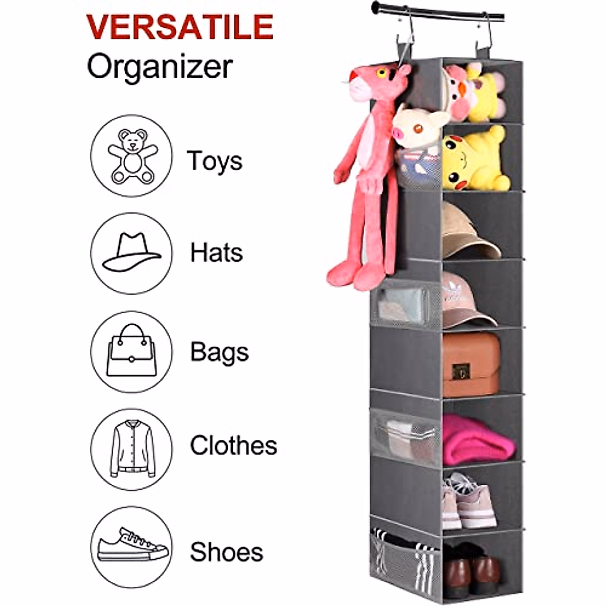 MISSLO 8-Shelf Hanging Shoe Organizer Clothes Closet Organizers and Storage Shelves Hat Holder with Large Shelf and Side Mesh Pockets for Hats Handbags Kid Sweater, Grey
