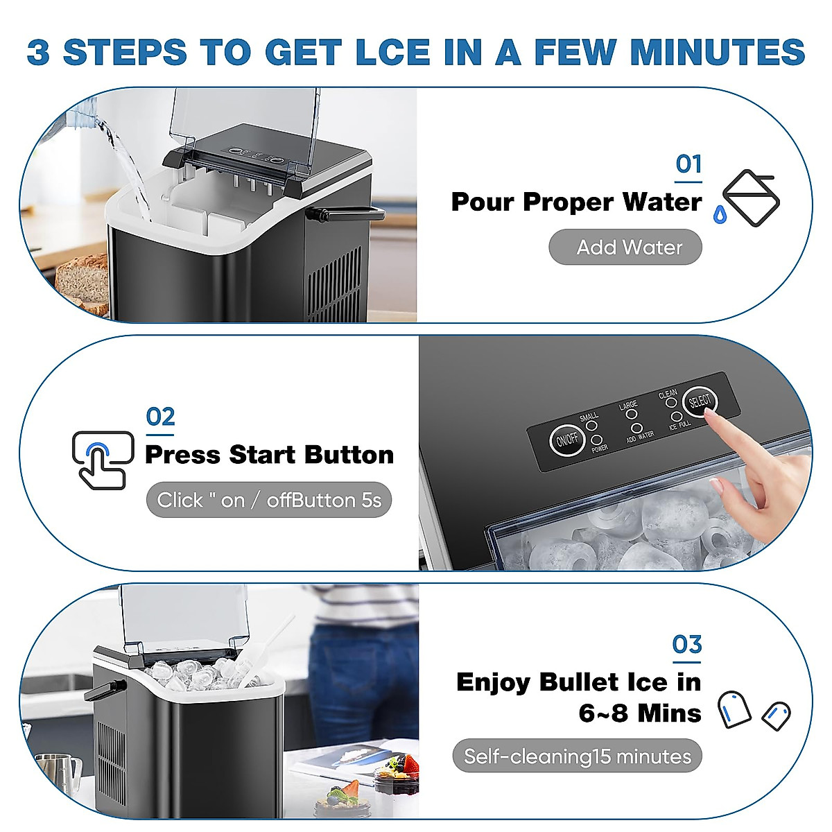 OLIXIS Ice Maker Countertop, 9 Cubes Ready in 6 Mins, 26lbs in 24Hrs, Self-Cleaning Ice Machine with Ice Scoop and Basket, 2 Sizes of Bullet Ice Black