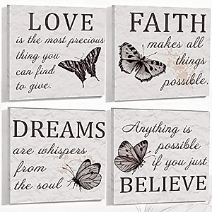 4 Pcs Inspirational Quotes Butterfly Wall Art Faith Love Dreams Believe Canvas Wall Decor Grey Butterfly Canvas Bathroom Decor Motivational Wall Pictures for Living Room Decor Bedroom, 12 x 12 Inches