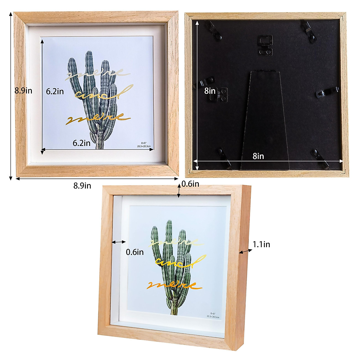 Dohomi 8x8 Shadow Box Frame Natural Wood Shadow Box Display Case 3 Pack Picture Frames Glass Surface Internal Depth 0.6 inch for Wall Or Tabletop