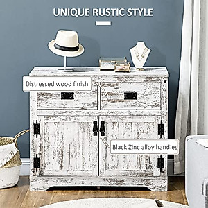 HOMCOM Industrial Sideboard Buffet Cabinet with 2 Drawers Kitchen Storage Cabinet Coffee Bar Cabinet with Double Door Cupboard for Kitchen, Living Room, Distressed White