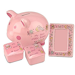BRUBAKER My First Piggy Bank Gift Set for Baby Girl - 4 Pcs Keepsake Gift Set Includes Piggy Bank, First Curl, First Tooth and Photo Frame - Pink