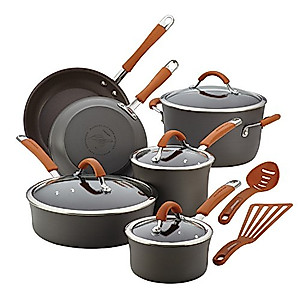 Rachael Ray Cucina Dishwasher Safe Hard Anodized Nonstick Cookware Pots and Pans Set, 12 Piece, Gray with Orange Handles & Kitchen Tools and Gadgets Nylon Cooking Utensils, 2 Piece, Orange