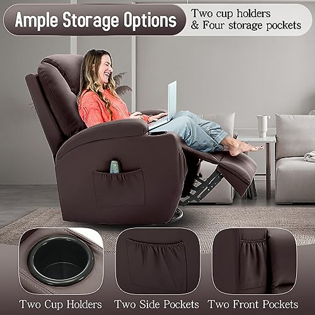 Korser Recliner Chair, Rocking Chair with Massage and Heat, 360° Swivel Recliner Chairs for Adults, Rocker Manual Recliner with Remote Control and Cup Holder for Living Room, Bedroom, Nursery