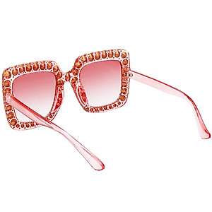 MEETSUN Elton Square Rhinestone Sunglasses Oversized Diamond Bling Bling Glasses -(Pink)