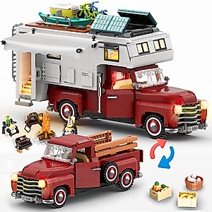 FliCineCrt Car Building Block, 2-in-1 Camper Van Building and Farm Pickup Truck Building Set Toy forAdult and Teens, Retro Rvs Building Block Kit Set, 2188pcs