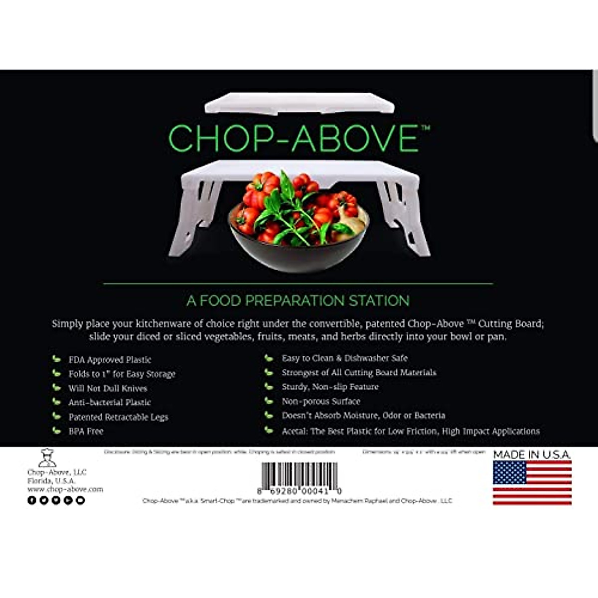 Chop Above Antibacterial Plastic Cutting Board Dishwasher Safe. WORK SMART NOT HARD Patented First of its Kinde.