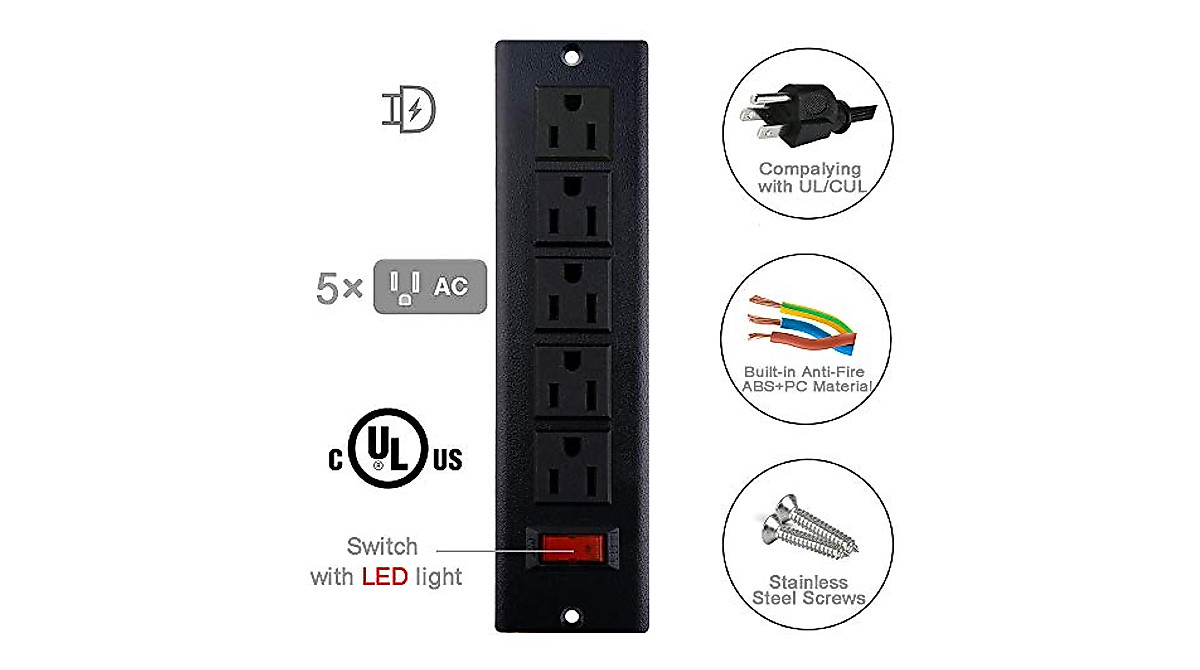 Recessed Power Strip with 5 AC Outlets - 4 LEAF