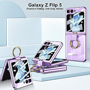 DEMCERT for Galaxy Z Flip 5 Phone Case with Ring, Ultra-Thin Folding Screen Samsung Flip 5 Case Protective Cover with Ring, Separate Tempered Film for Samsung Galaxy Z Flip 5 2023 (Purple)