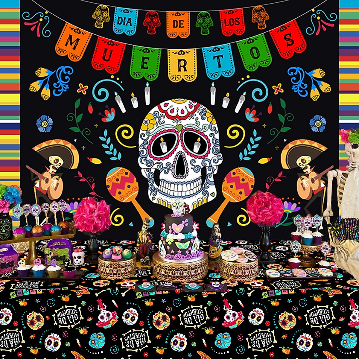 Day of the Dead Party Decorations, Mexican Fiesta Pennant Hanging Banner Sugar Skull Dia De Los Muertos Backdrop and Table cover for Day of the Dead Party Supplies