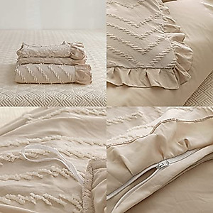 BAHALDEN Tufted Duvet Cover King Sets, Soft and Breathable Comforter Cover with Zipper Closure, Embroidery Boho Bedding with Ruffles, Cream Beige 104x90 inches and 2 Pillowcases
