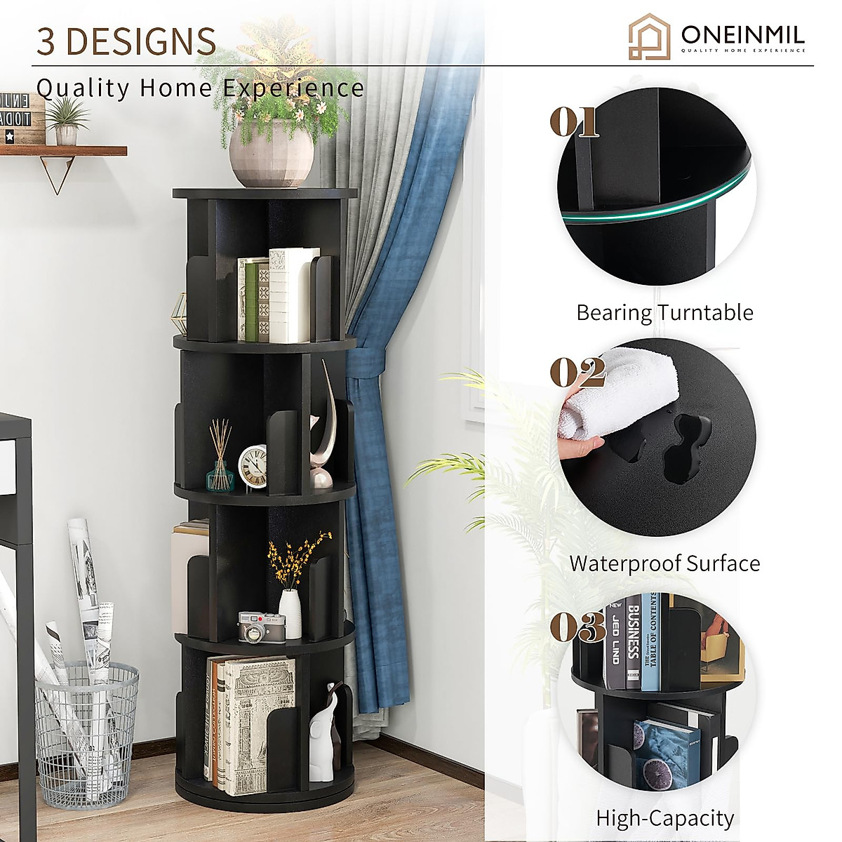 oneinmil 360°Rotating Bookshelf, Small Corner Bookcase with a Small Footprint, 4 Tier Standing Bookcase for Kids & Adults, Wood Bookshelf Designed for Bedroom, Living Room, Black