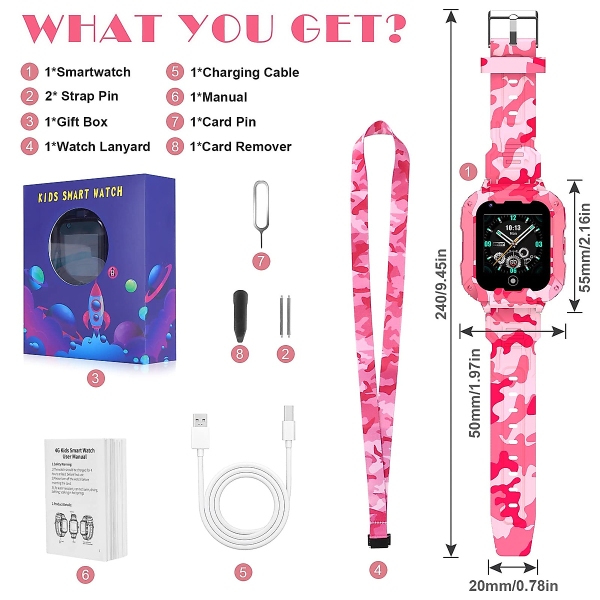 cjc Kids Smart Watches Girls for Age 3-15,GPS Tracker for Kids with Voice Chat,3 Way-Calling,Camera Smart GPS Watches with SIM Slot for Toddler New Year Gift(Pink Camouflage)