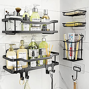 OMAIRA Shower Organizer [6 Pack], Shower Caddy No Drilling, Large Capacity Stainless Steel Bathroom Organizer, Shower Shelves for Inside Shower & Kitchen Storage (Black)