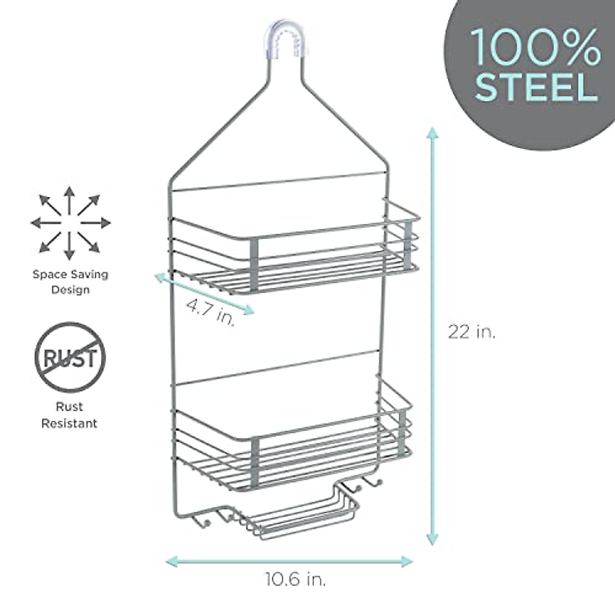 Bath Bliss 2 Tier Linear Hanging Shower Caddy | Bathroom Storage & Organization | Shower Head Hang | Holds Large Bottles | Soap Dish | Accessory Hooks | Grey