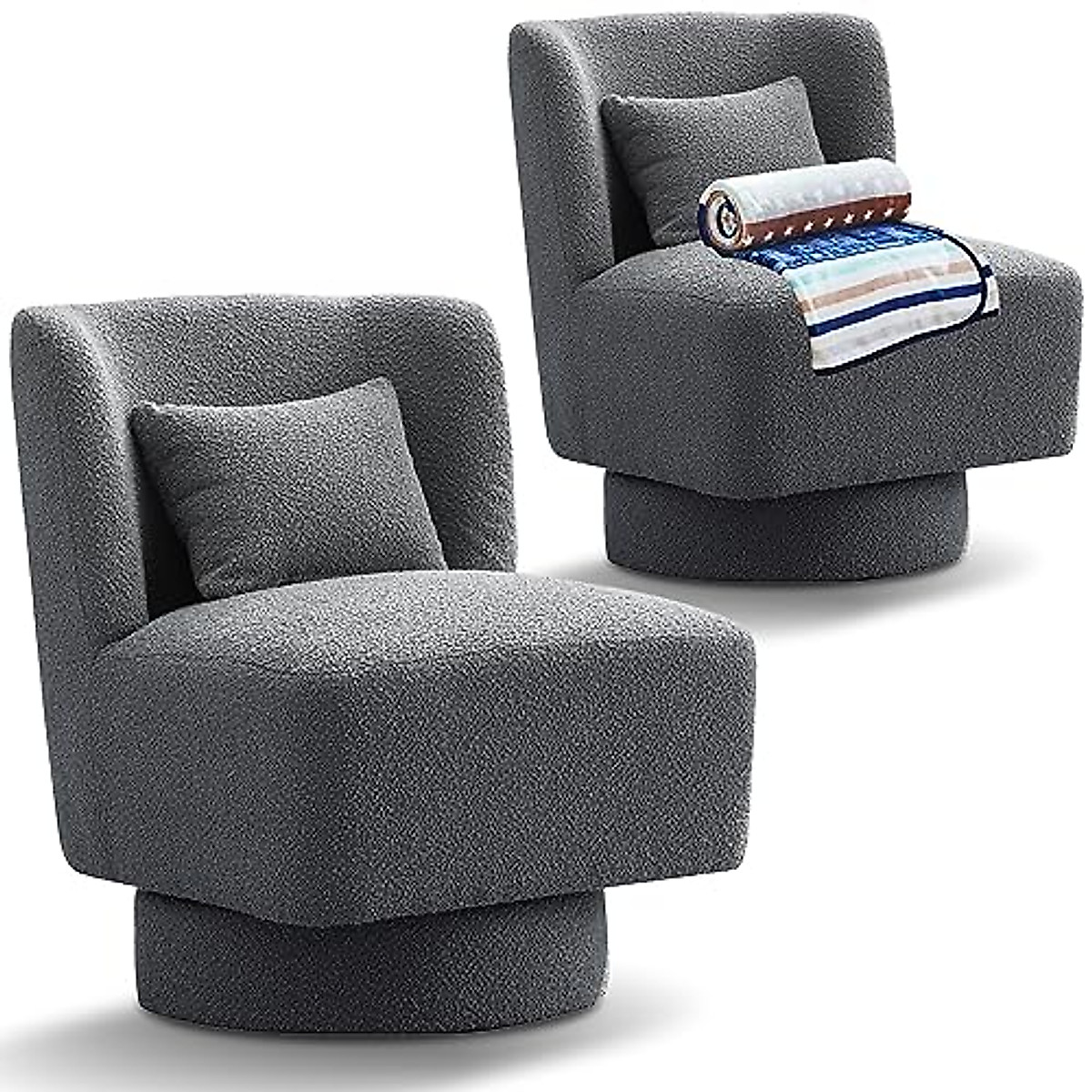 Dxacvkc Swivel Barrel Chair of 2 Comfy Round Accent Sofa Chair for Living Room, 360 Degree Swivel Club Chair with Pillow for Bedroom, Living Room, Office, Gray