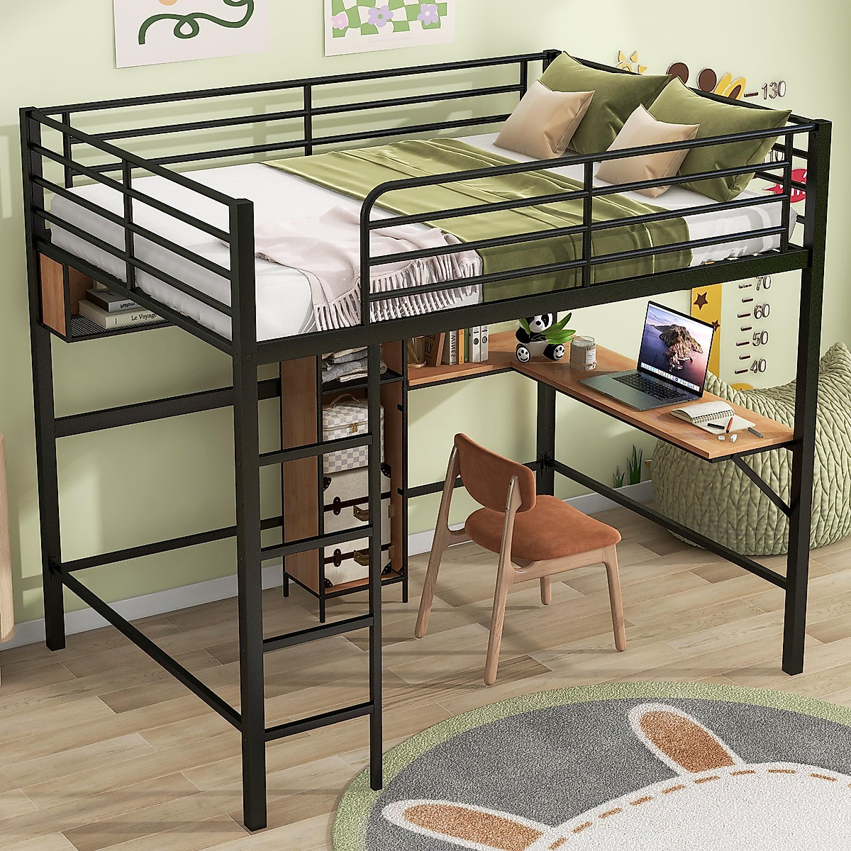 VilroCaz Full Size Metal Loft Bed with Wood L-Shaped Desk and Shelves, Multi -Functional Design Loft Bed Frame with 15.2'' Height Guardrails for Kids Teens Adults, Space-Saving