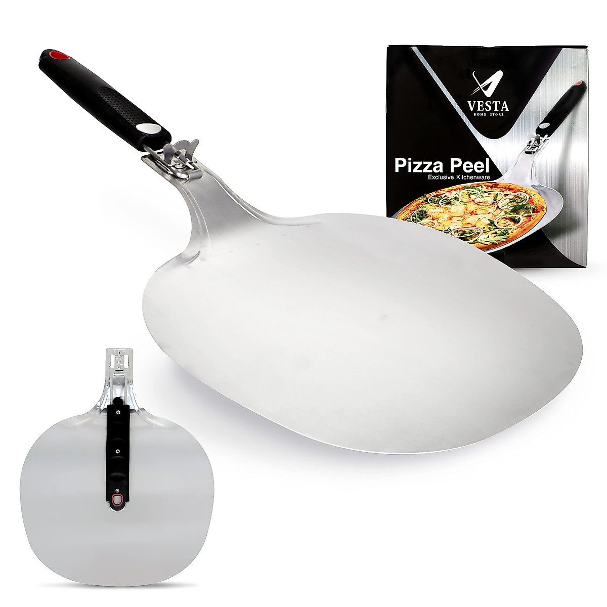 Pizza Spatula - 12 x 14 Inch Stainless Steel Pizza Peel - Foldable Pizza Paddle with Ergonomic Handle - Food Grade Material - Highly Durable Sturdy Construction - Perfect for Pies, Pizza, All Ovens