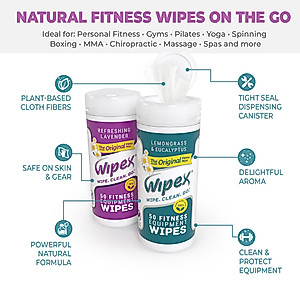 Wipex Original Fitness Equipment Wipes -Plant-Based No-Lint Cloth Gym Wipes for Workout Equipment, Yoga Mat Cleaner, Peloton Cleaner with Lavender Essential Oil & Vinegar, 50 Fitness Wipes