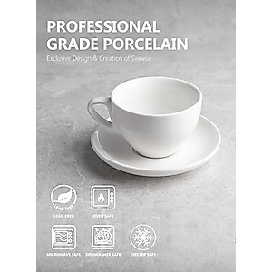 Sweese 6 Ounce Cappuccino Cups with Saucers, Porcelain Double Espresso Cups Set of 6 - White