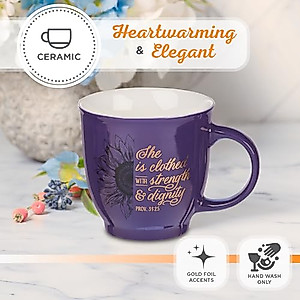 Christian Art Gifts Ceramic Coffee and Tea Mug 14 oz Inspirational Bible Verse Cup for Women: Strength and Dignity - Proverbs 31:25 Lead-Free, Microwave and Dishwasher Safe, Purple Sunflower